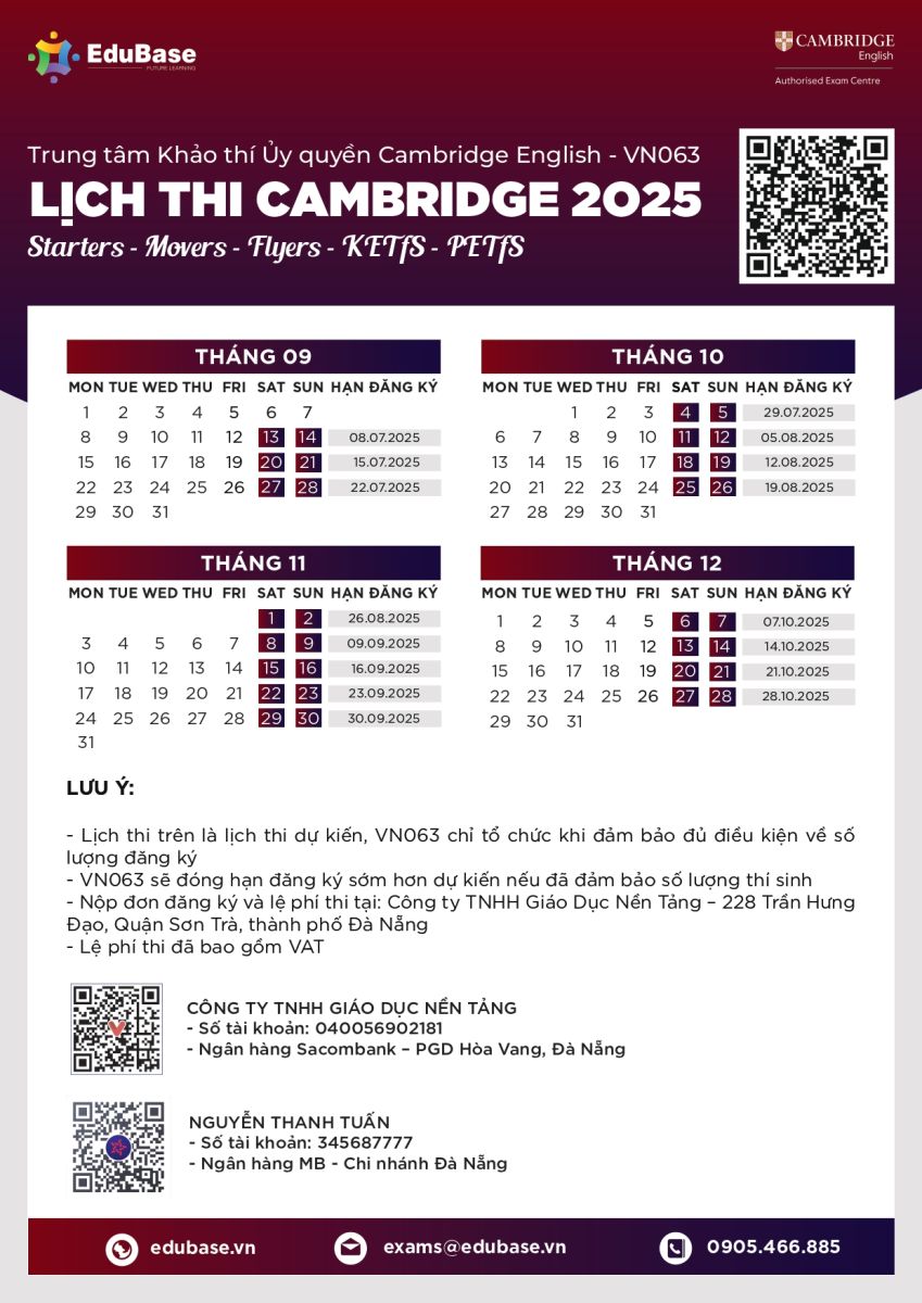 LỊCH THI CAMBRIDGE 2025
